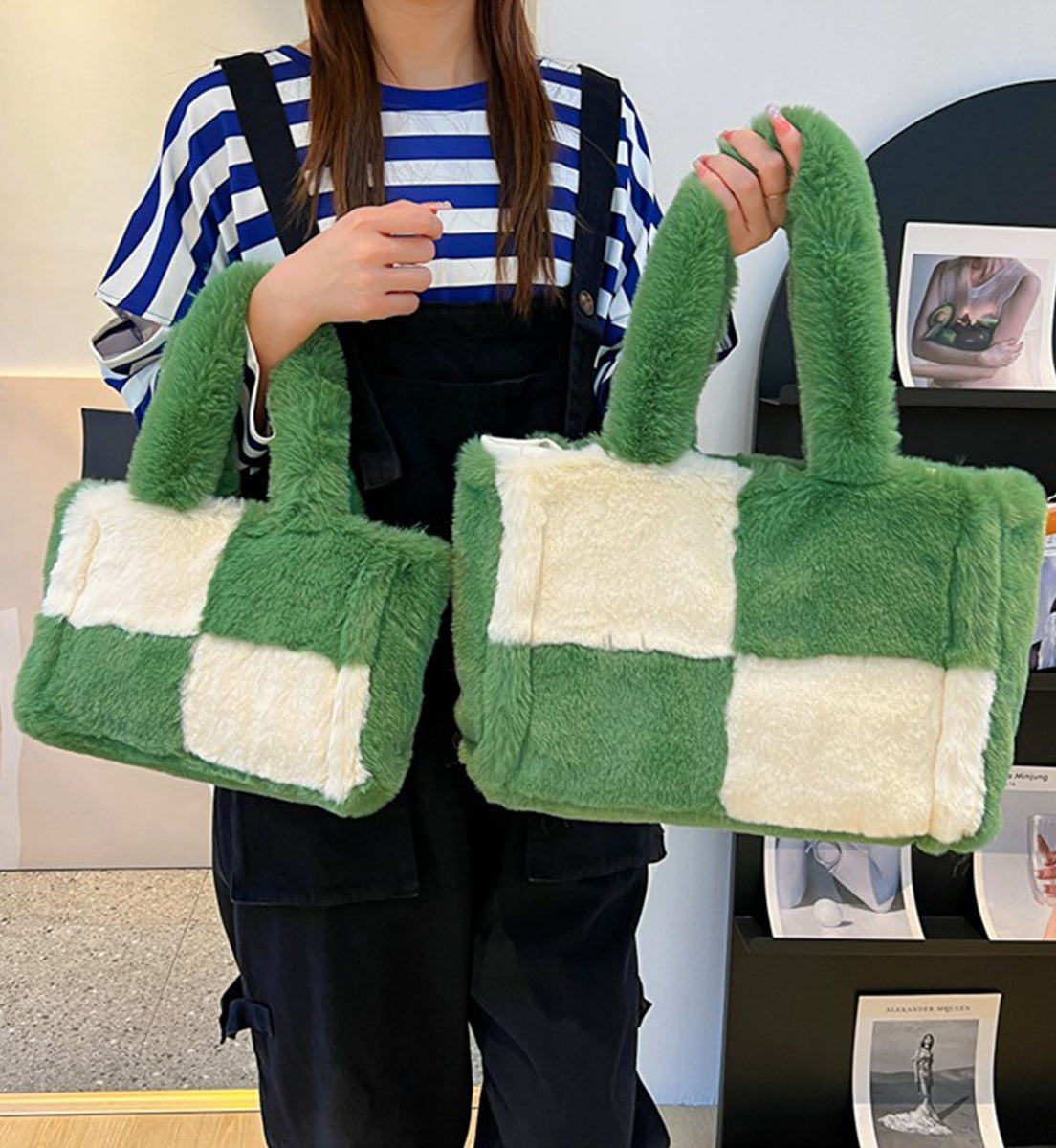 Large & Small Plush Fluffy checkerboard Tote Bags – Slowliving Lifestyle