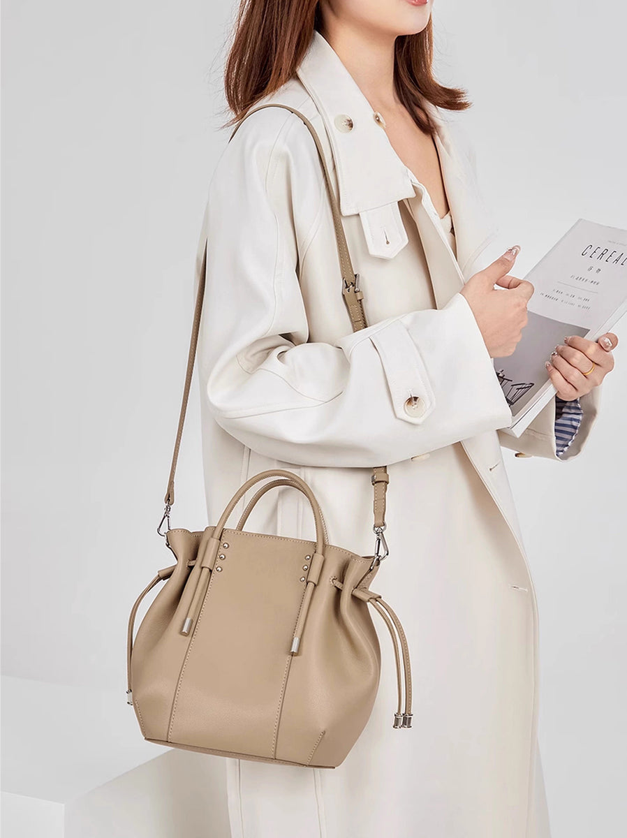 Soft Leather Bucket Bag with Drawstring Closure - Convertible Shoulder ...